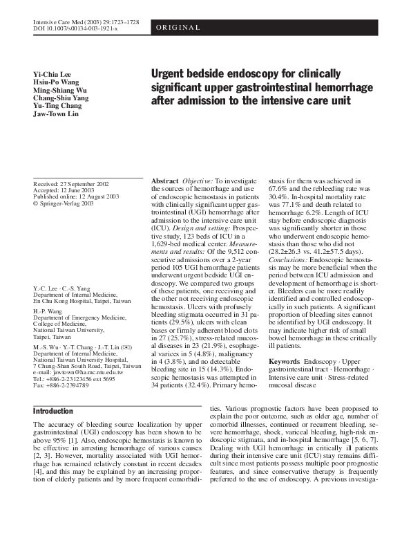 (PDF) Urgent bedside endoscopy for clinically significant upper ...