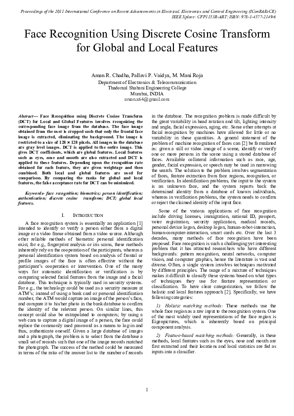 Pdf Face Recognition Using Discrete Cosine Transform For Global And Local Features