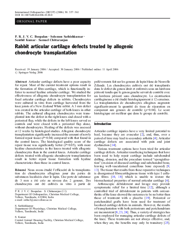 (PDF) Rabbit articular cartilage defects treated by allogenic ...