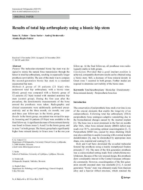 (PDF) Results of total hip arthroplasty using a bionic hip stem