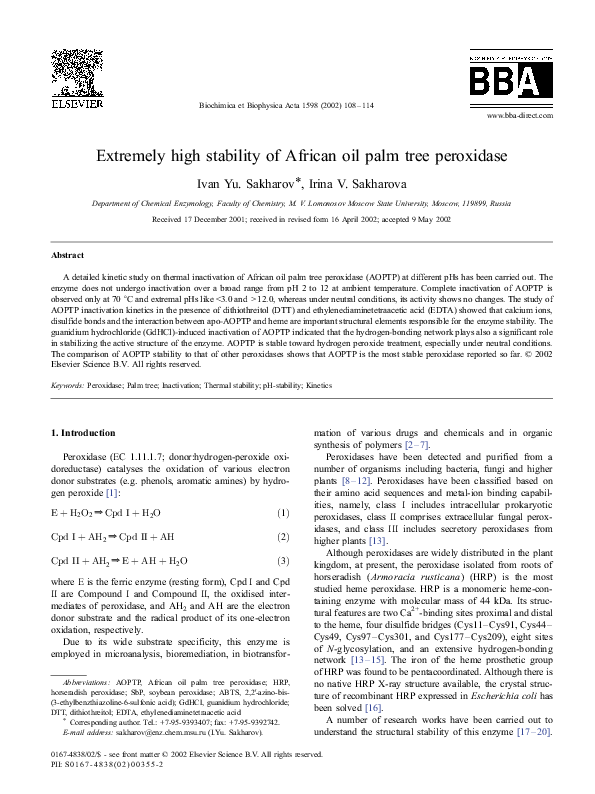 (PDF) Extremely high stability of African oil palm tree peroxidase