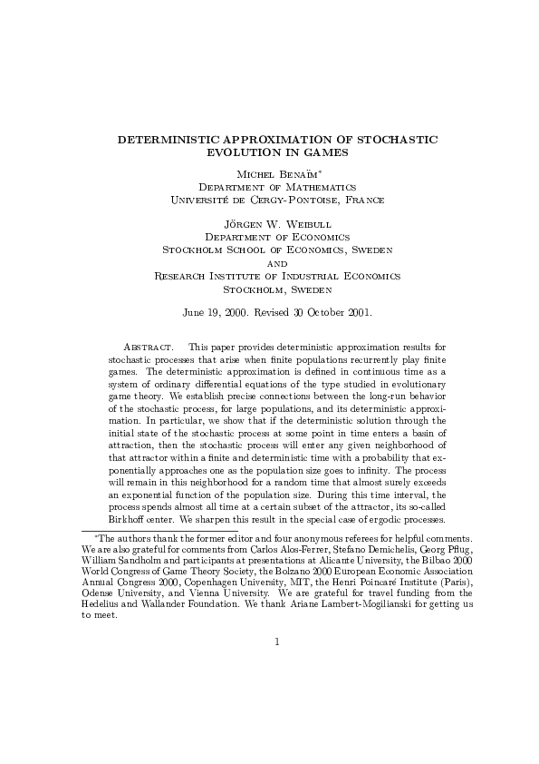 (PDF) Deterministic Approximation of Stochastic Evolution in Games