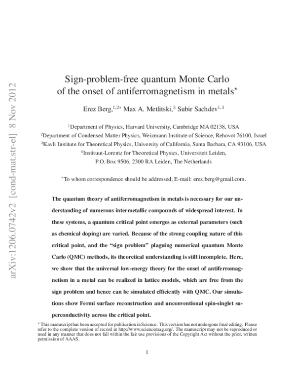 (PDF) Sign-Problem–Free Quantum Monte Carlo of the Onset of Antiferromagnetism in Metals