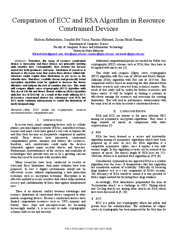 Pdf Ecc Vs Rsa In Resource Limited Devices