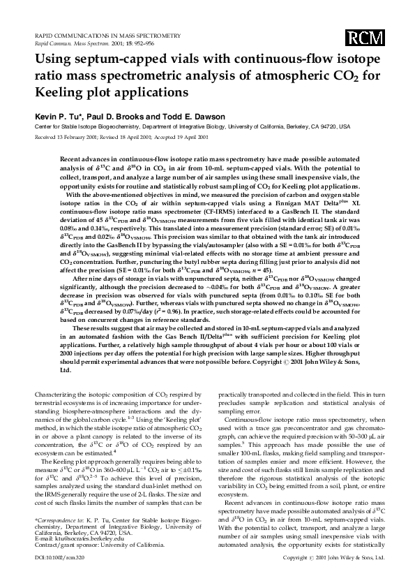 (PDF) Using Septum-Capped Vials With Continuous-Flow Isotope Ratio Mass ...