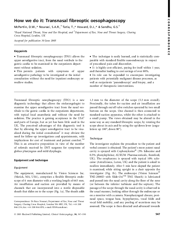 (PDF) How we do it: Transnasal fibreoptic oesophagoscopy