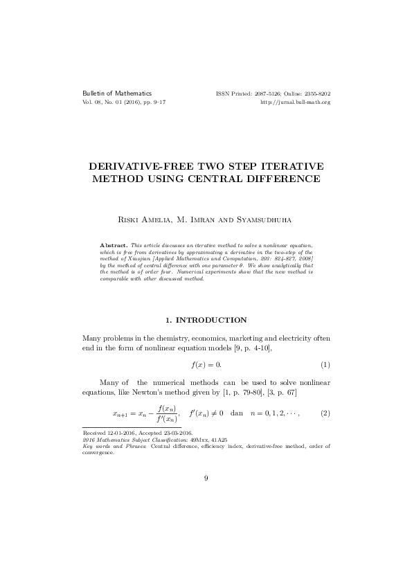 (PDF) DERIVATIVE-FREE TWO STEP ITERATIVE METHOD USING CENTRAL DIFFERENCE