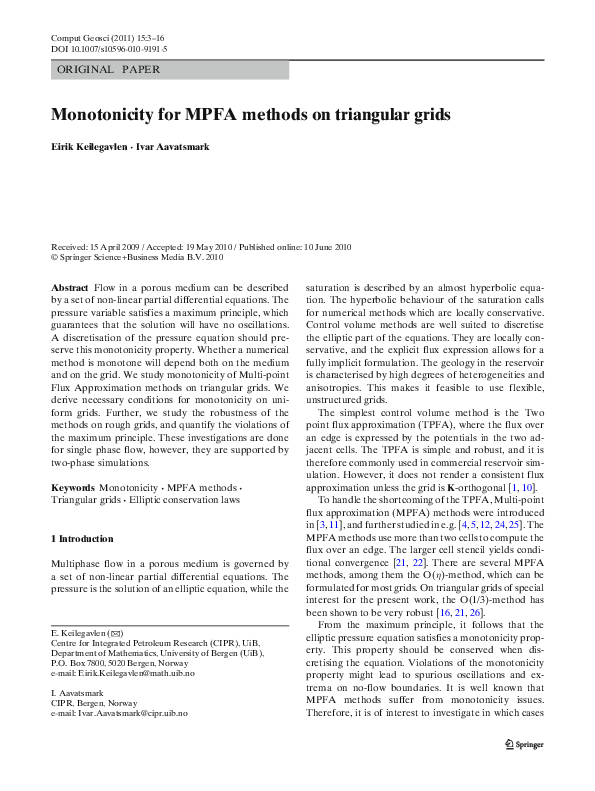 (PDF) Monotonicity for MPFA methods on triangular grids | Ivar Aavatsmark - Academia.edu