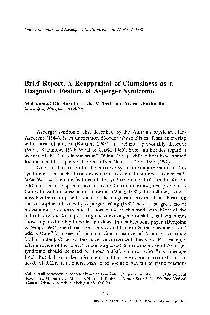 (PDF) Brief report: A reappraisal of clumsiness as a diagnostic feature ...