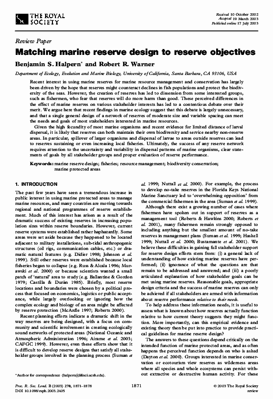 (PDF) Matching marine reserve design to reserve objectives