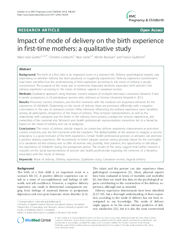 (PDF) Impact of mode of delivery on the birth experience in first-time ...