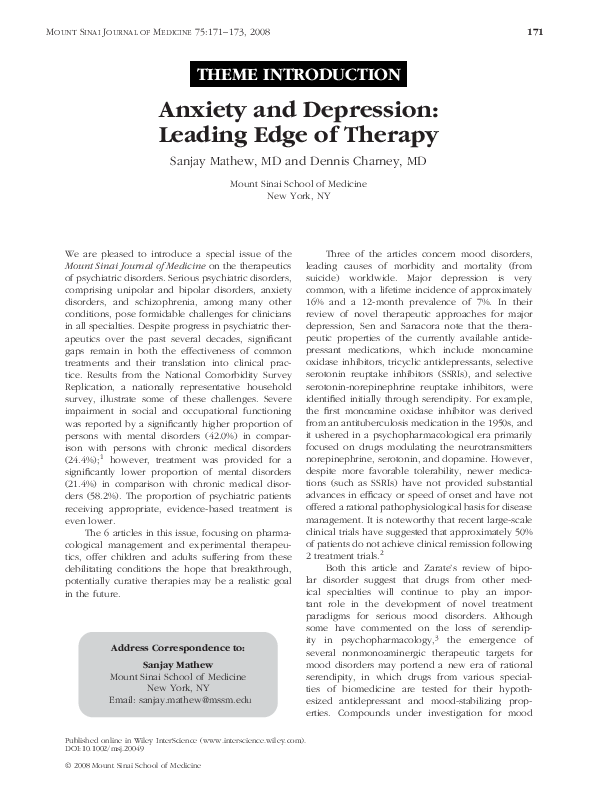 (PDF) Anxiety and depression: leading edge of therapy