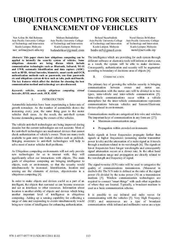 (PDF) UBIQUITOUS COMPUTING FOR SECURITY ENHANCEMENT OF VEHICLES