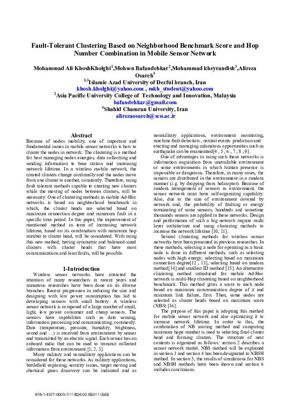 (PDF) Fault-tolerant clustering based on neighborhood benchmark score and hop number combination ...