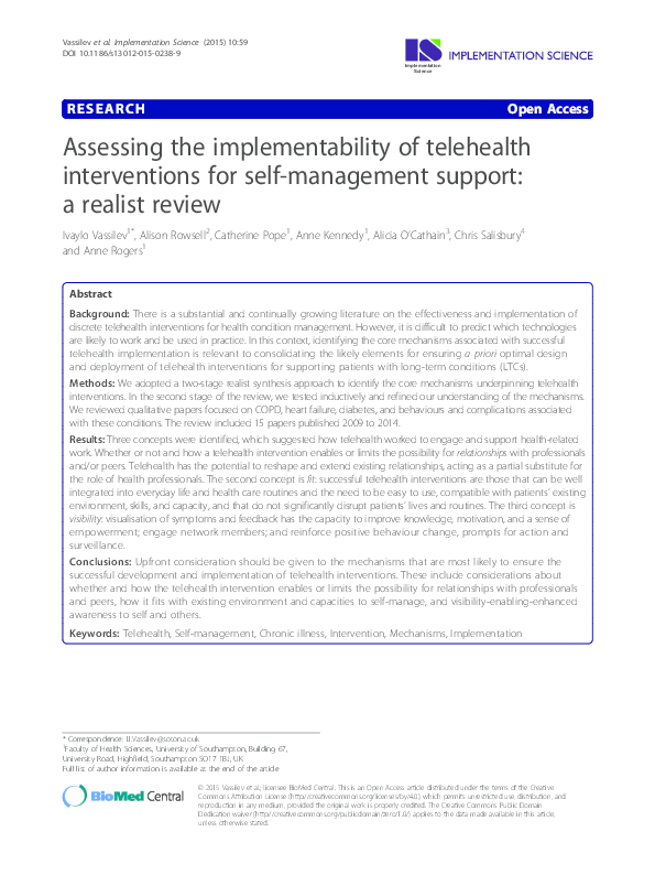 (PDF) Assessing the implementability of telehealth interventions for ...