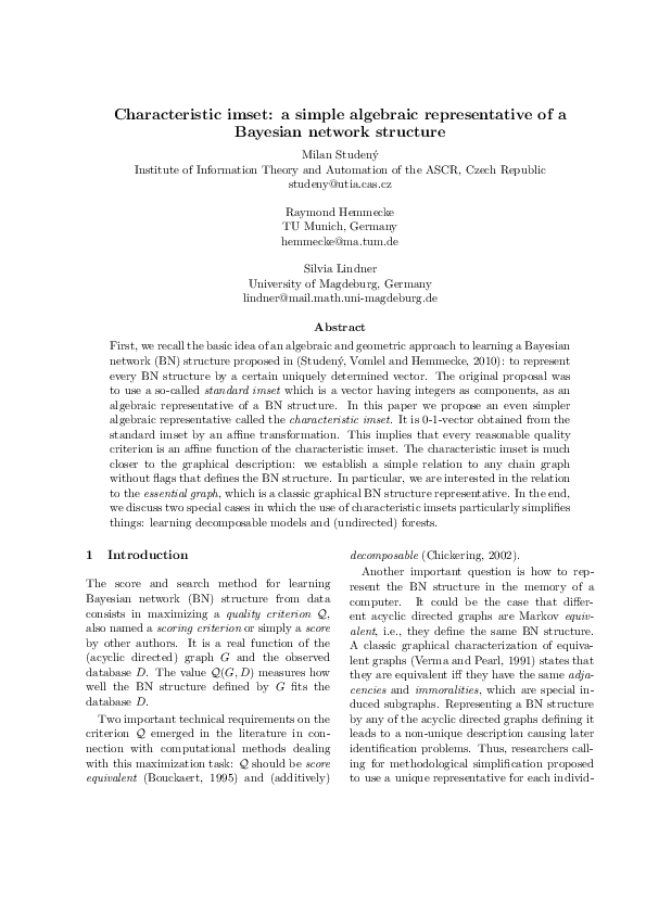 (PDF) Characteristic imset: a simple algebraic representative of a Bayesian network structure