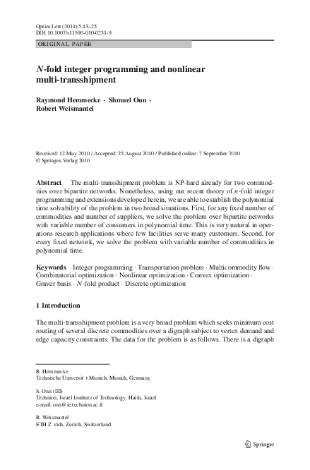Pdf N Fold Integer Programming And Nonlinear Multi Transshipment