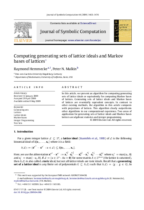 (PDF) Computing generating sets of lattice ideals and Markov bases of lattices