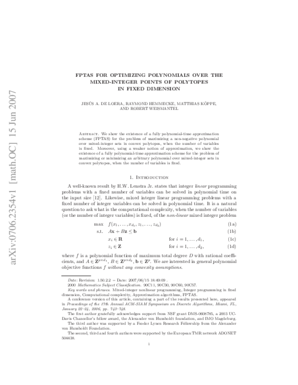 Pdf Fptas For Optimizing Polynomials Over The Mixed Integer Points Of