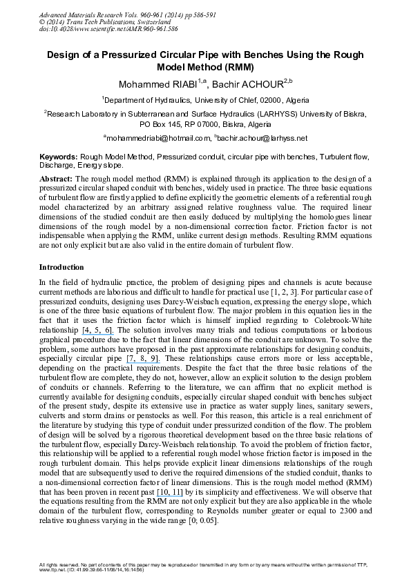 (PDF) Design of a Pressurized Circular Pipe with Benches Using the Rough Model Method (RMM)