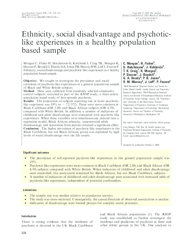 (PDF) Ethnicity, social disadvantage and psychotic-like experiences in ...