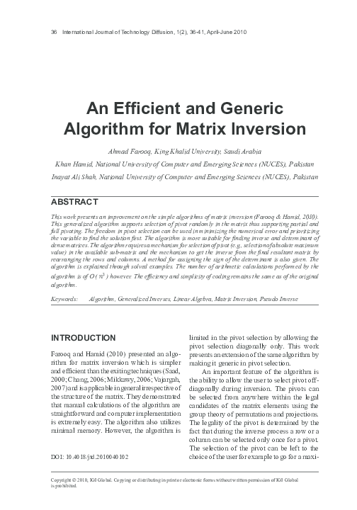 (PDF) An Efficient and Generic Algorithm for Matrix Inversion