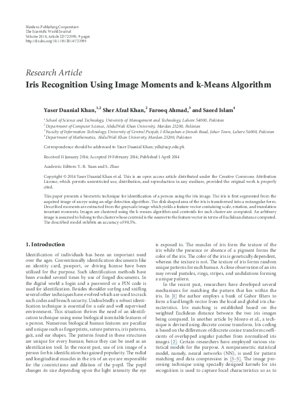 (PDF) Iris recognition using image moments and k-means algorithm