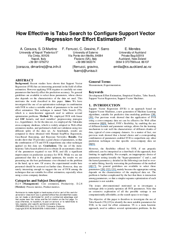 (PDF) How effective is Tabu search to configure support vector regression for effort estimation?