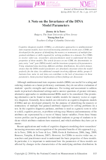 (PDF) A Note on the Invariance of the DINA Model Parameters | Jimmy De ...