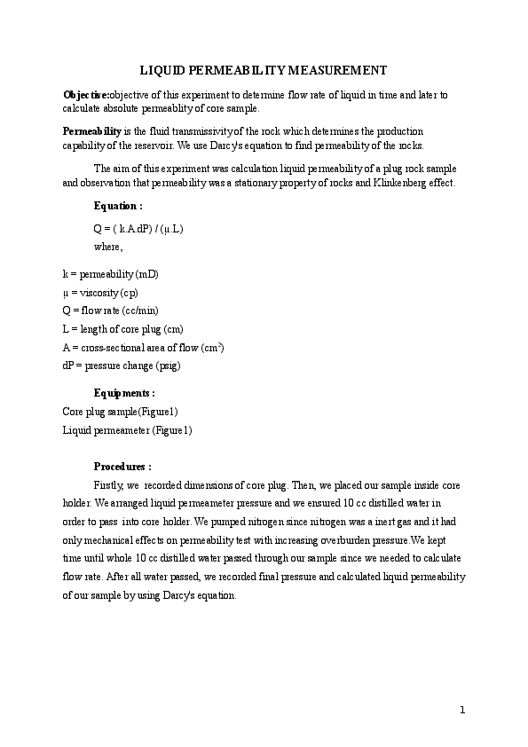 LIQUID PERMEABILITY MEASUREMENT