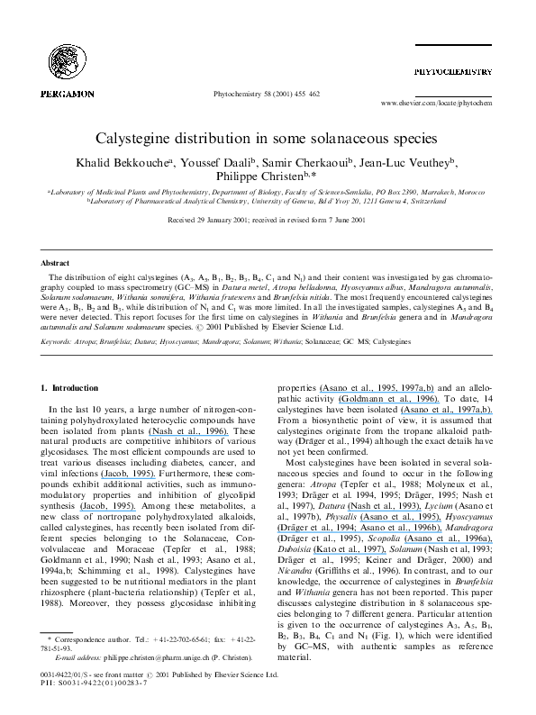 (PDF) Calystegine distribution in some solanaceous species
