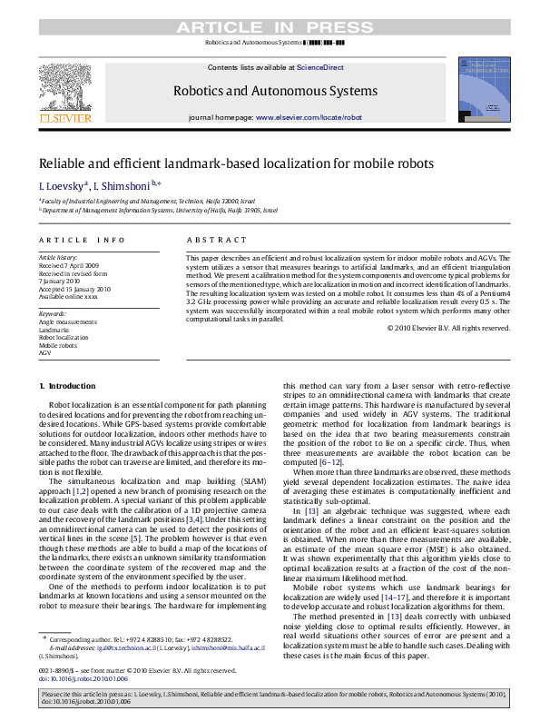 Pdf Reliable And Efficient Landmark Based Localization For Mobile Robots