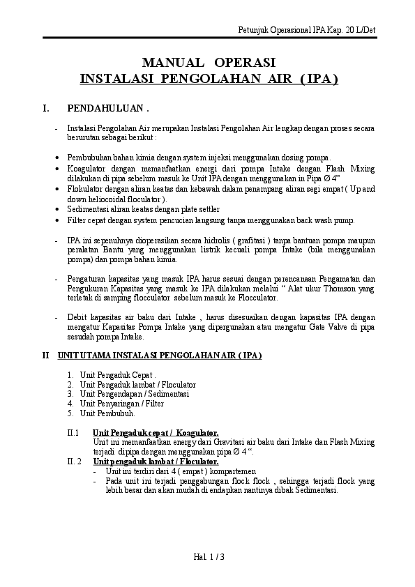 (DOC) MANUAL OPERASI INSTALASI PENGOLAHAN AIR ( IPA