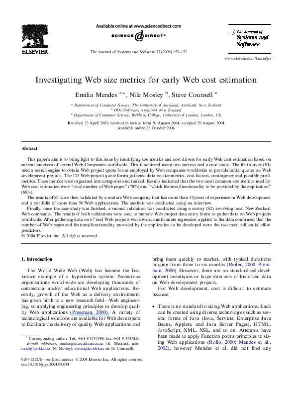 (PDF) Investigating Web size metrics for early Web cost estimation