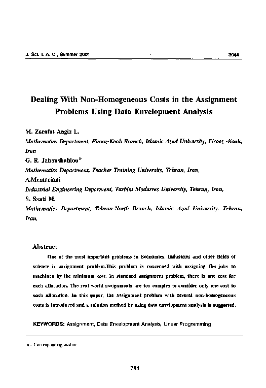 (PDF) Dealing With Non-Homogeneous Costs in the Assignment Problems Using Data Envelopment Analysis