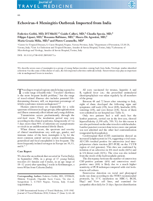(PDF) Echovirus-4 Meningitis Outbreak Imported from India