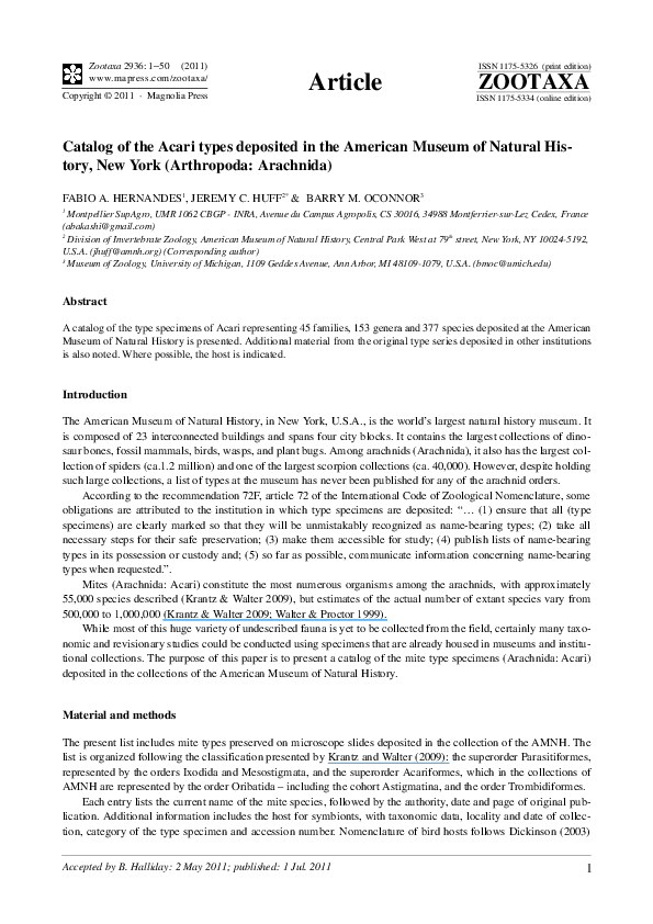 (PDF) Catalog of the Acari types deposited in the American Museum of ... (PDF) Catalog of the Acari types deposited in the American Museum of ...