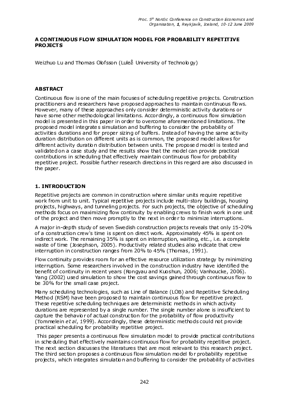 (PDF) A continuous flow simulation model for probability repetitive projects