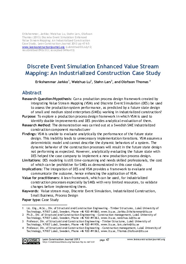 (PDF) Discrete event simulation enhanced value stream mapping : an industrialized construction ...