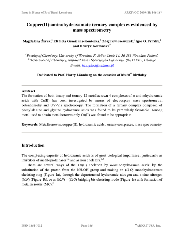 (PDF) Copper (II)-aminohydroxamate ternary complexes evidenced by mass spectrometry