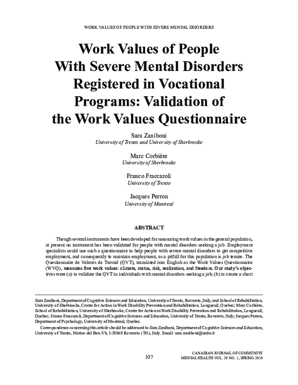 (PDF) Work Values of People With Severe Mental Disorders Registered in ...