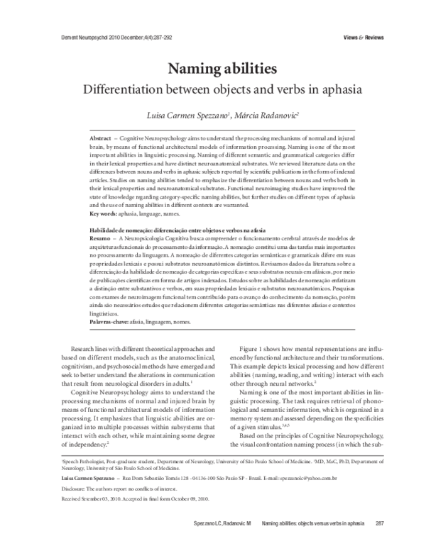 (PDF) Naming abilities. Differentiation between objects and verbs in ...
