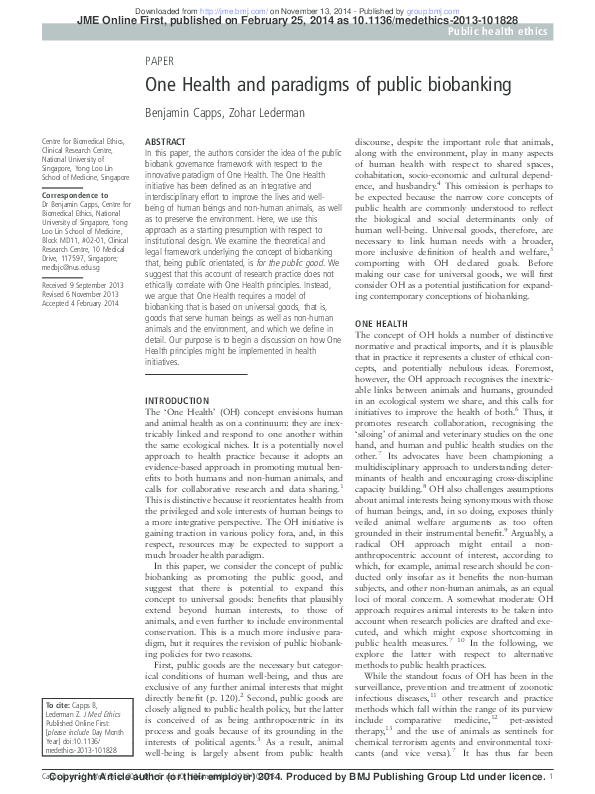 (PDF) One Health and paradigms of public biobanking