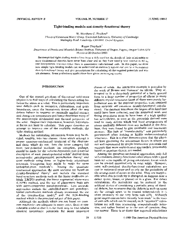 (PDF) Tight-binding models and density-functional theory