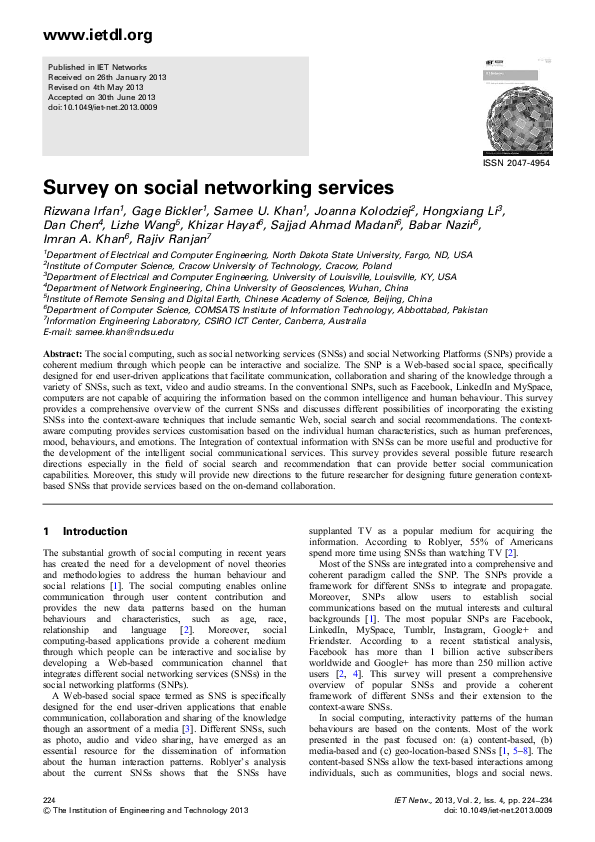 (PDF) Survey on social networking services