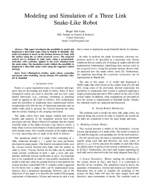 (PDF) Modeling and Simulation of a Three Link Snake-Like Robot