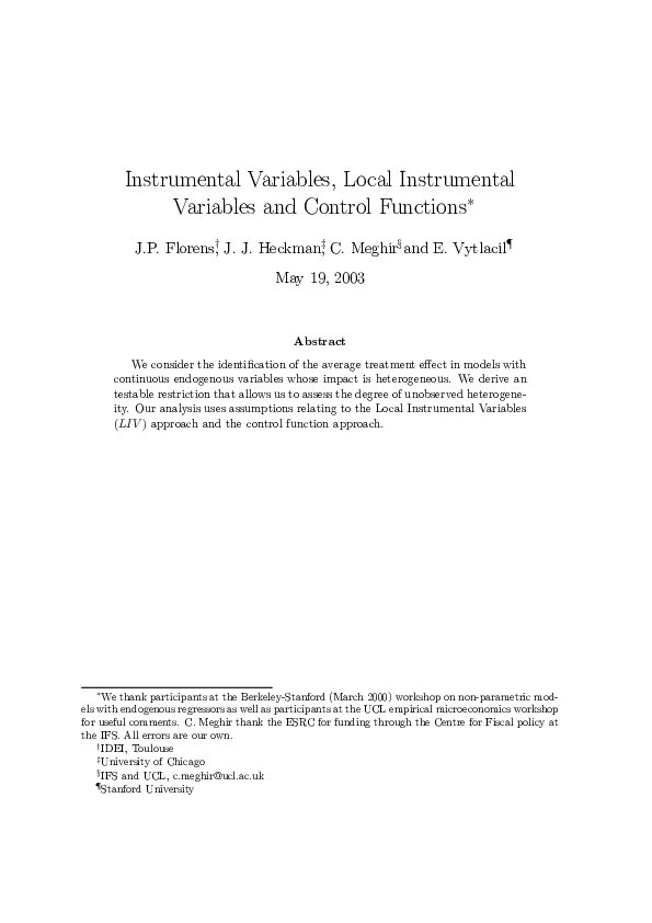 (PDF) Instrumental Variables, Local Instrumental Variables and Control Functions