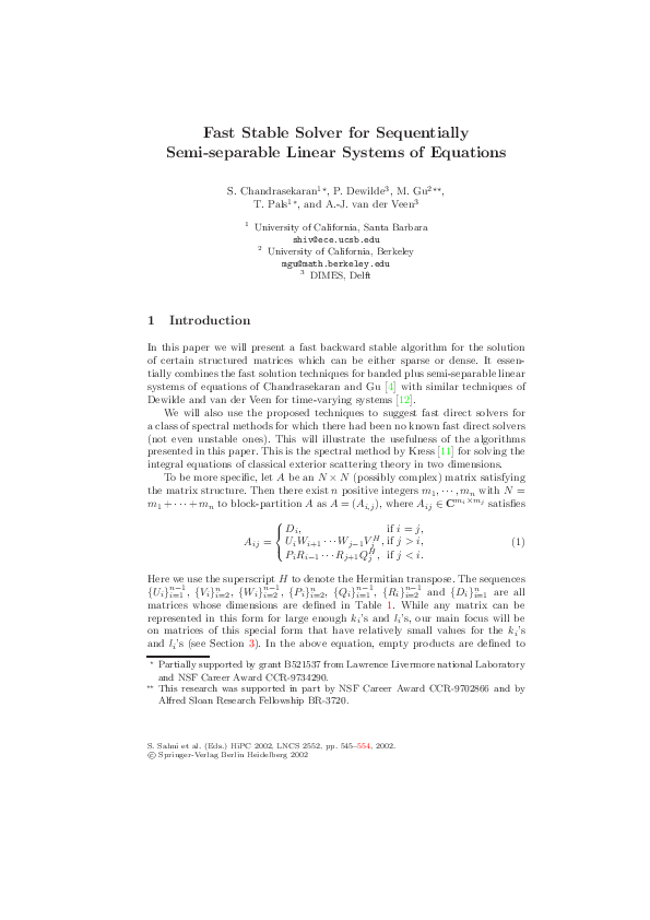 (PDF) Fast Stable Solver for Sequentially Semi-separable Linear Systems of Equations | Shivkumar ...