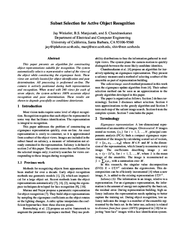 (PDF) Subset selection for active object recognition