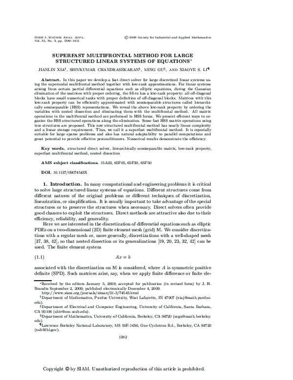 (PDF) Superfast Multifrontal Method for Large Structured Linear Systems of Equations